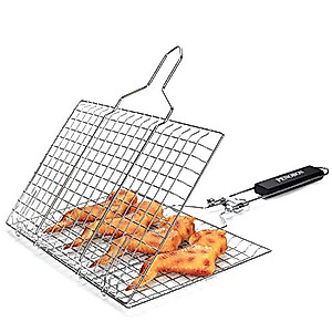 Fish Grilling Basket, Folding Portable Stainless Steel BBQ Grill Basket for Fish Vegetables Shrimp with Removable Handle, Come with Basting Brush and Storage Bag (01)