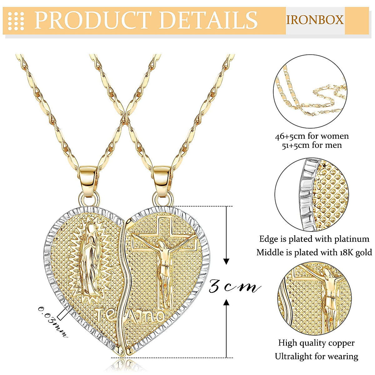 IRONBOX 18K Gold Plated Couples Necklace Virgin Mary Necklace Jesus Necklace Heart Necklace Plated Gold Necklace Couple Jewelry for Him and Her