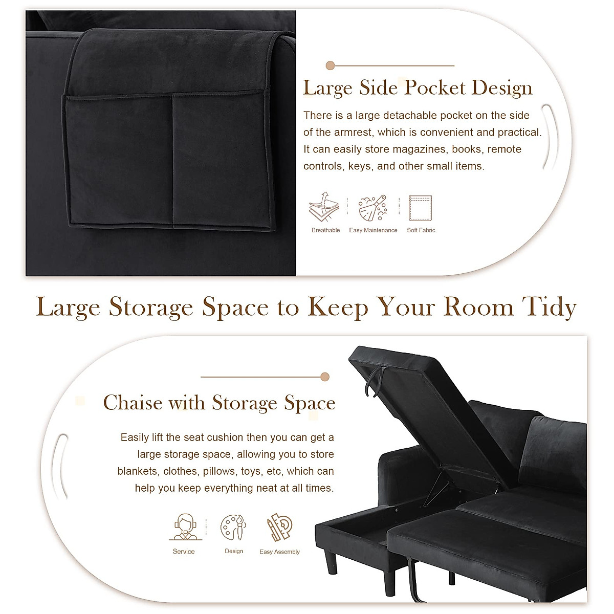 Modern Velvet Pull Out Sleeper Sofa Bed with Chaise, Comfy L Shaped Convertible Sleeper Couch with Storage and Pocket, Sectional 3 Seat Couch for Living Room Furniture or Office, Smooth Back - Black