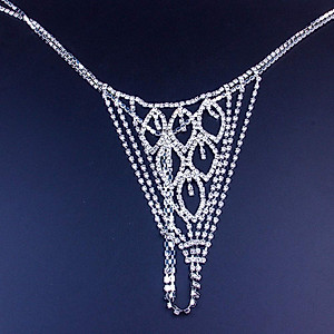 Women Sexy Rhinstone Underwear Thong Panties Tassel Leaf Pendant Crystal Body Chain Jewelry Bikini Crystal Belly Waist Chain (Silver)