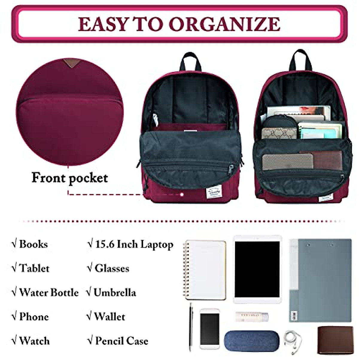 VASCHY School Backpack, Ultra Lightweight Backpack for Women Bookbag for Kids Teen Boys Girls Burgundy