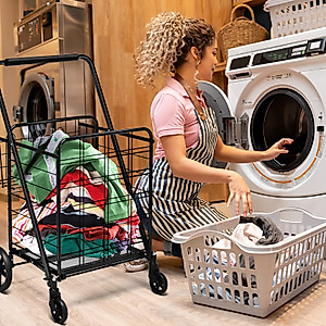 COSTWAY Folding Shopping Cart, Extra Jumbo Double Basket Grocery Cart with 360° Swivel Rolling Bearing Wheels, Dense Metal Mesh Base, Large Capacity Utility Cart for Market, Grocery, Laundry (Black)