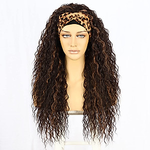 SOMIARIK Headband Wigs for Black Women Natural Hairline Synthetic Brown Loose Curly None Lace Front Wigs for Black Women Glueless Machine Made Wig Wavy pre plucked Headband Wigs 26 Inch