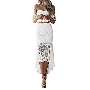 Off Shoulder Lace Dress, Women Two Piece White Lace Outfit Crop Tube Top Lace Crochet Low High Pencil Skirt Dress