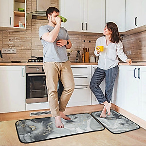 BOENLE Kitchen Rugs and Mats Non Skid Washable Kitchen Rug Set 2 Piece Black Grey Marble Carpet Ergonomic Comfort Standing Mat for Kitchen,Bathroom, Laundry