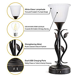 Opoway Set of 2 Touch Control Table Lamps, 3-Way Dimmable Torchiere Bedside Lamps with Dual USB Charging Ports, Leaf Body and Glass Shade Retro Lamps for Living Room, Bedroom, LED Bulb Included