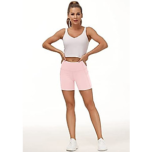 THE GYM PEOPLE High Waist Yoga Shorts for Women's Tummy Control Fitness Athletic Workout Running Shorts with Deep Pockets (Medium, Pink)