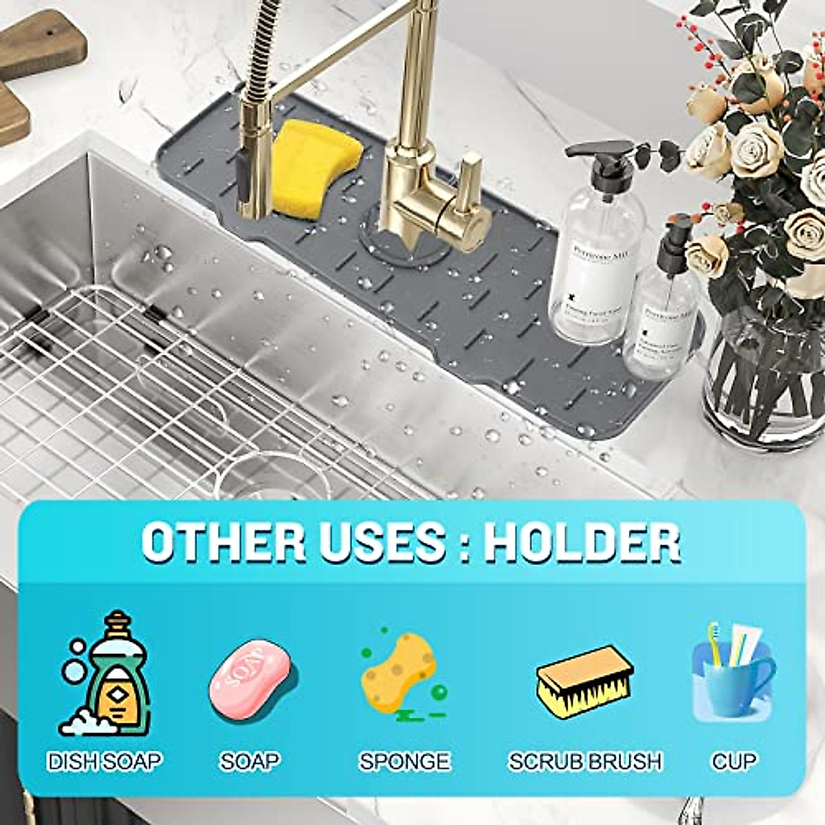 Faucet Handle Drip Catcher - Silicone Faucet Handle Drip Catcher Mat for Kitchen Sink,Silicone Faucet Mat Fit Most Faucets,Faucet Drying Mat for Kitchen & Bathroom Countertop Protect（Gray)