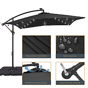 Bonosuki 8.2 x 8.2′ LED Patio Offset Umbrella With a Base, Outdoor Hanging Umbrella for Yard, Poolside and Deck,Black