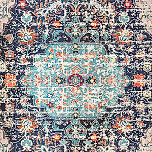 SAFAVIEH Madison Collection Area Rug - 5'3" x 7'6", Black & Teal, Boho Chic Medallion Distressed Design, Non-Shedding & Easy Care, Ideal for High Traffic Areas in Living Room, Bedroom (MAD447Z)