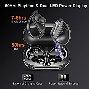 Wireless Earbuds, Bluetooth 5.3 Headphones 50H Playtime Sports Earphones Over-Ear Earhooks Headset with LED Display, ENC Mic, IP7 Waterproof Ear Buds for Workout, USB-C, Gym, Running, Black (2023 New)