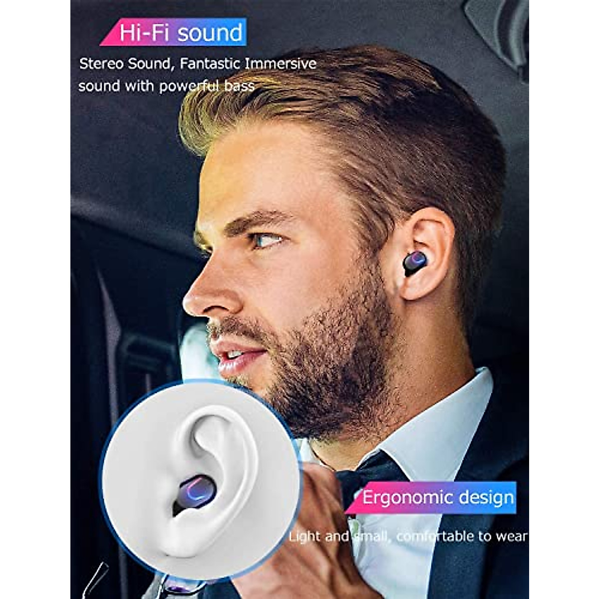 GPEESTRAC True Wireless Earbuds, Bluetooth 5.0 Headphone, in-Ear Button Control Hi-Fi Stereo Sound IPX5 Waterproof, Built-in Mic Earphones Gift for Work Sport Gym Travel Running Black