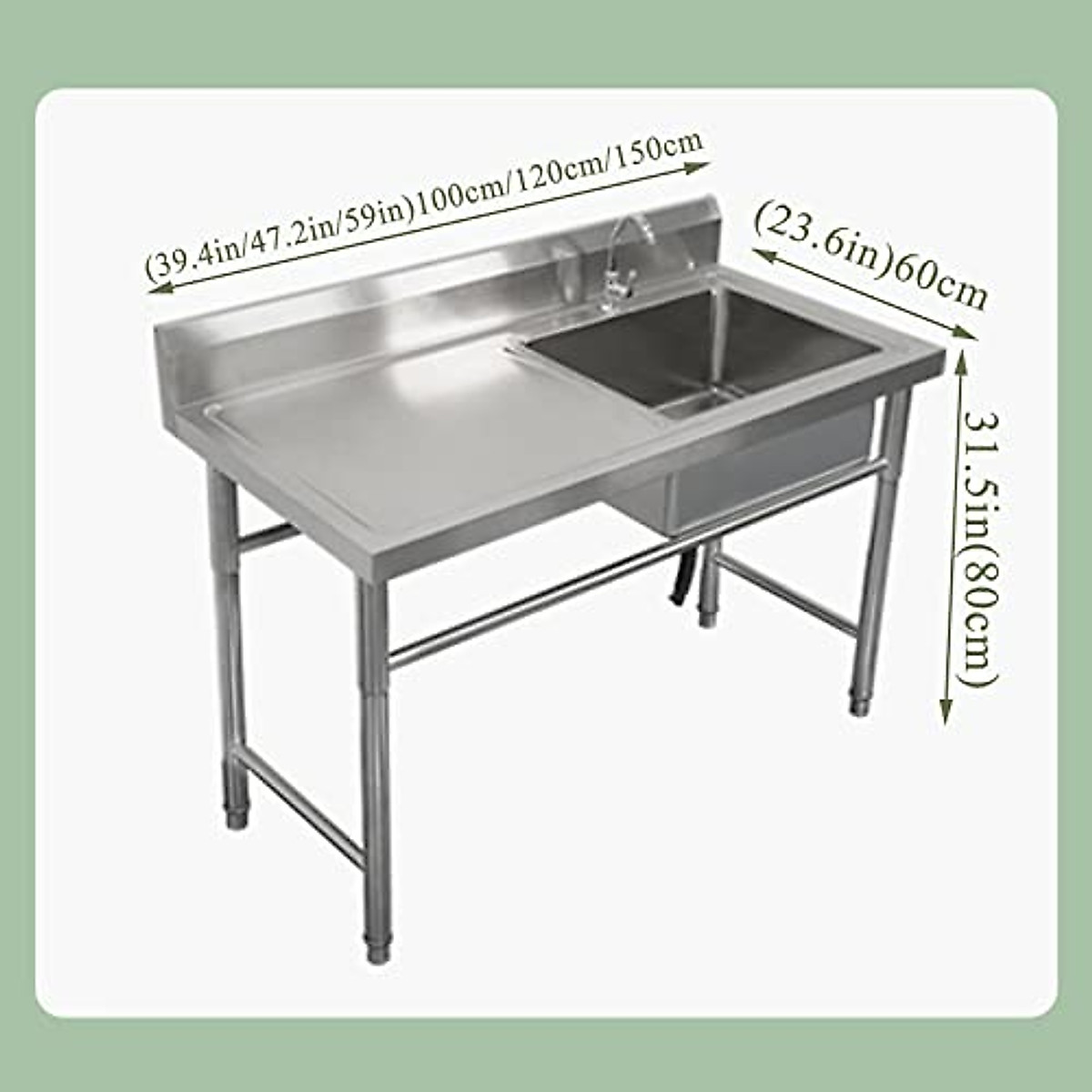 Free Standing Stainless-Steel Single Bowl, Commercial Restaurant Kitchen Sink Set W/Faucet Drainboard,Utility Sink Free Standing Single Bowl Kitchen Sink(Size:150cm,Color:A-Right platform)