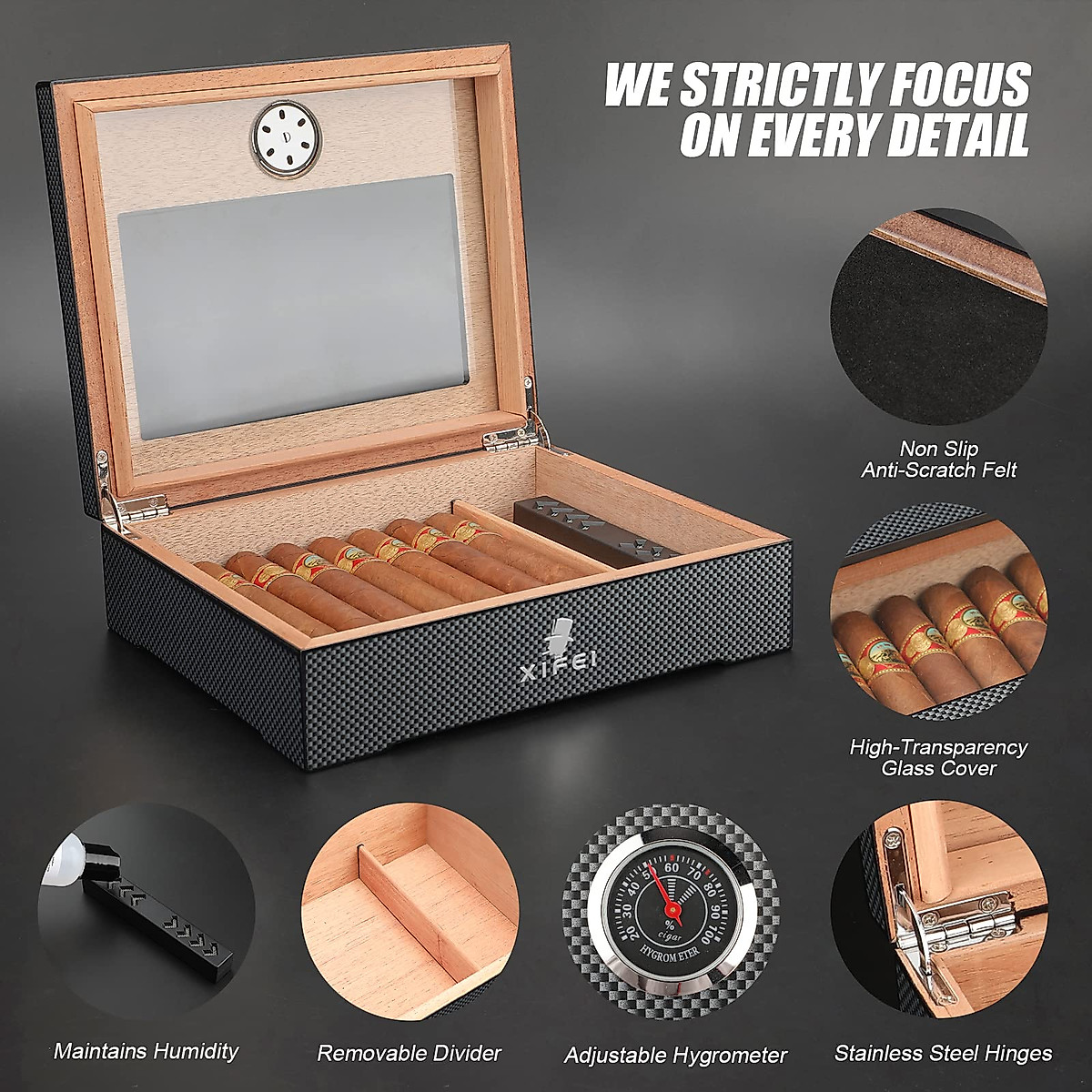 XIFEI Cigar Humidor, Glass Top Carbon Fiber Texture top Inlay Hygrometer,Including Cigar humidifier, Acrylic Cigar Stand,Cigar Ashtray and Humidor Solution, Holds 25-60 Cigars (9IN*7.5 * 2.8)