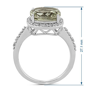 Jewelili Cocktail Ring with Cushion-cut Green Amethyst with White Diamond Halo in Sterling Silver, Size 7