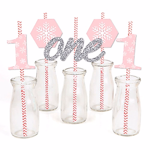 Big Dot of Happiness Pink Onederland - Paper Straw Decor - Holiday Snowflake Winter Wonderland Birthday Party Striped Decorative Straws - Set of 24