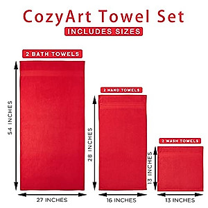 COZYART Red Bath Towels Set for Bathroom Soft Absorbent Durable 650 GSM Turkish Cotton Towel Set of 6, 2 Large Bath Towels, 2 Hand Towels, 2 Washclothes