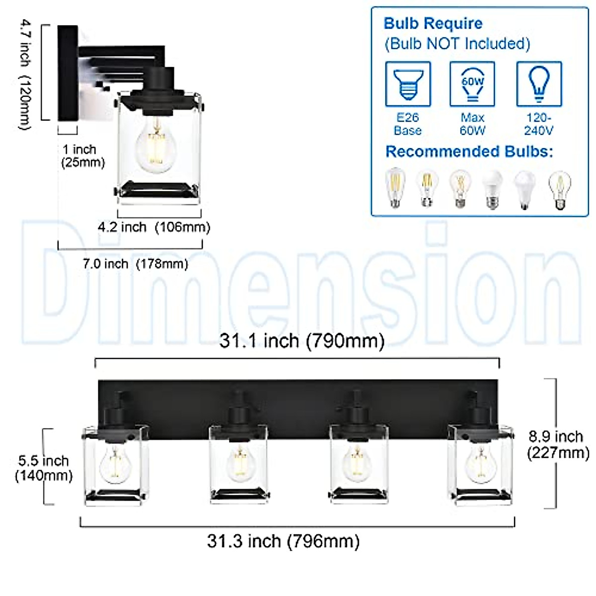 MELUCEE 4-Light Vanity Lights for Bathroom, Industrial Indoor Wall Sconces Black Bathroom Lighting with Rectangular Clear Glass Shade for Kitchen Hallway Living Room, 31.3 Inches Length