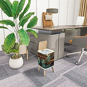 PHAIBHKERP Trash Can with Lid Fish Brass Subs A Undersea Poster Garbage Can Rectangular Waste Bin Press Cover Dog Proof Wastebasket for Kitchen Bathroom Living Room Nursery