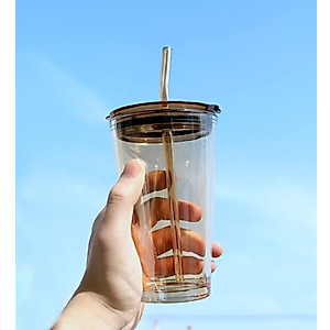 RYUHYF Straw cup, coffee cup, glass with straw and lid, double drink cup, milk cup, tea cup, ice coffee cup, car cup,set of 1 (16oz, Amber)