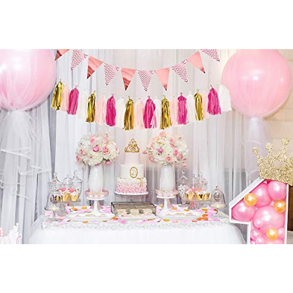MerryNine Sparkly 40PCS Gold Pink Tassel Garland and 15PCS Paper Pennant Banner Triangle Flags Bunting and 10g Gold Paper Confetti