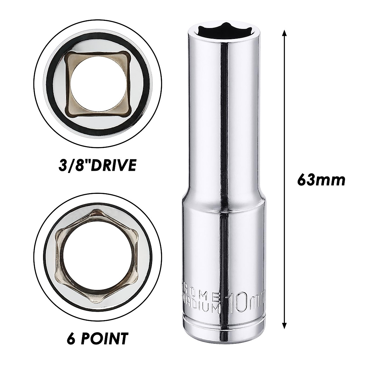 MIXPOWER 6PCS 3/8"Drive 10mm Deep&Shallow Socket, CR-V, Metric, Mirror Finish, 6 Point & 12 Point