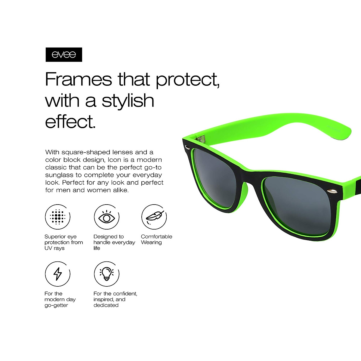 EVEE Unisex Iconic RUBBERIZED GREEN/BLACK UNISEX SQUARE POLARIZED SUNGLASSES LIMITED EDITION CASE + MICROFIBER CLEANING CLOTH (E-ICPPGRGY) (Green,Grey)