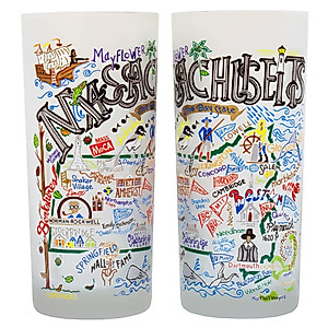 Catstudio Drinking Glass, Massachusetts Frosted Glass Cup for Kitchen, Bar Glass Drinking Glasses, Everyday Drinking Cup or Cocktail Glass, 15oz Dishwasher Safe Glass Tumbler for Massachusetts Lovers