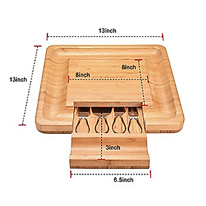 FITNATE Bamboo Cheese Board Set, 13inch Square Charcuterie Board with Cutlery in Slide-Out Drawer Including 4 Stainless Steel Serving Utensils, Gift for Christmas, Birthday, Wedding, Housewarming