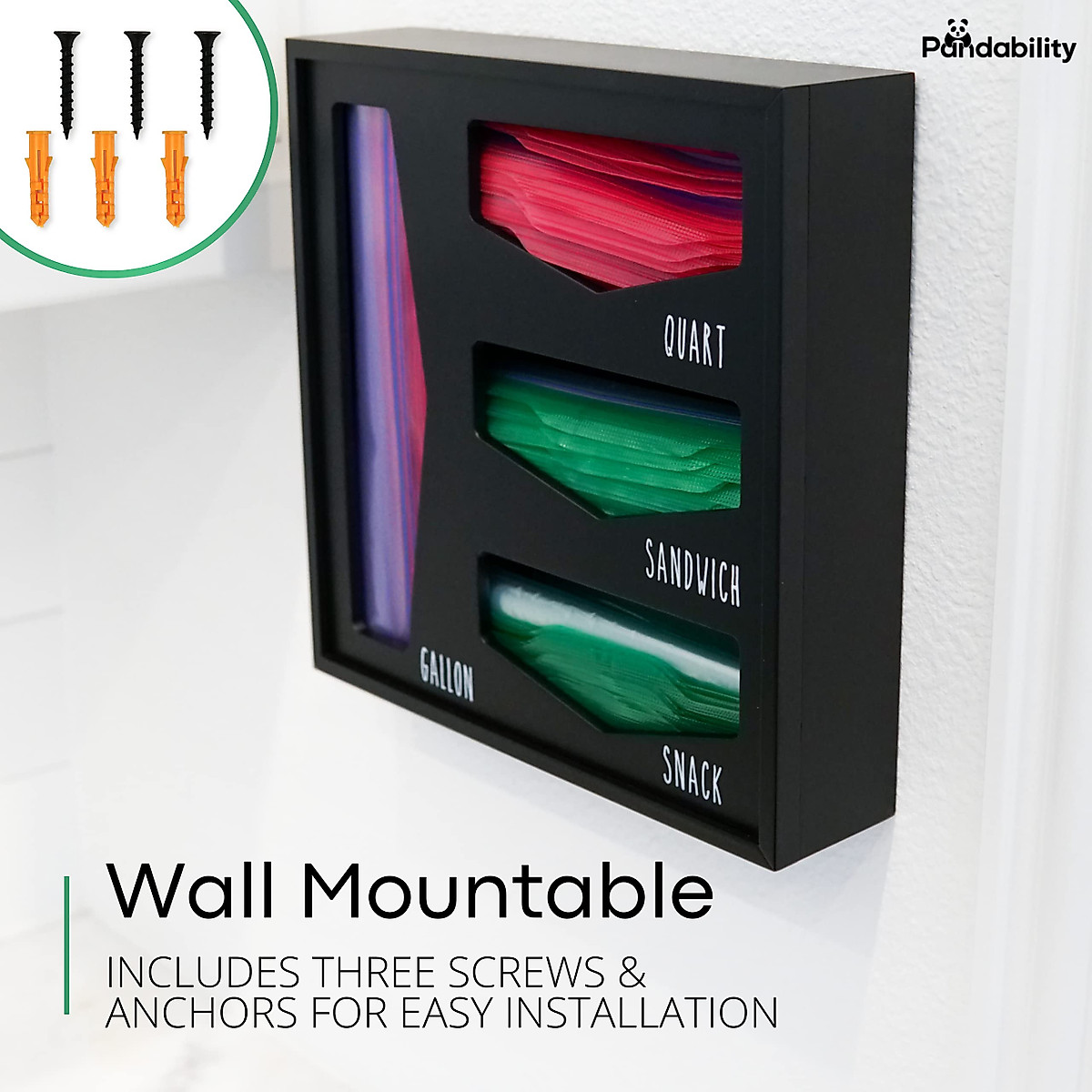 Pandability Premium Storage Bag Organizer for Drawer – Kitchen Organization – Food Storage Container - Compatible with Ziplock Style Bags, Quart Bags & Gallon Bags – Bamboo w/Farmhouse Font - Black