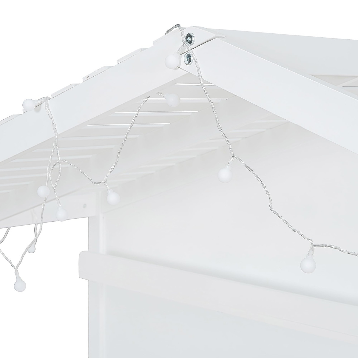 BestLM Twin Size House Bed with Semi-Enclosed Fence & Shelves, Wood House Bed Frame with Window & Sparkling Light Strip on The Roof for Kids Teens Girls Boys, No Box Spring Required, White