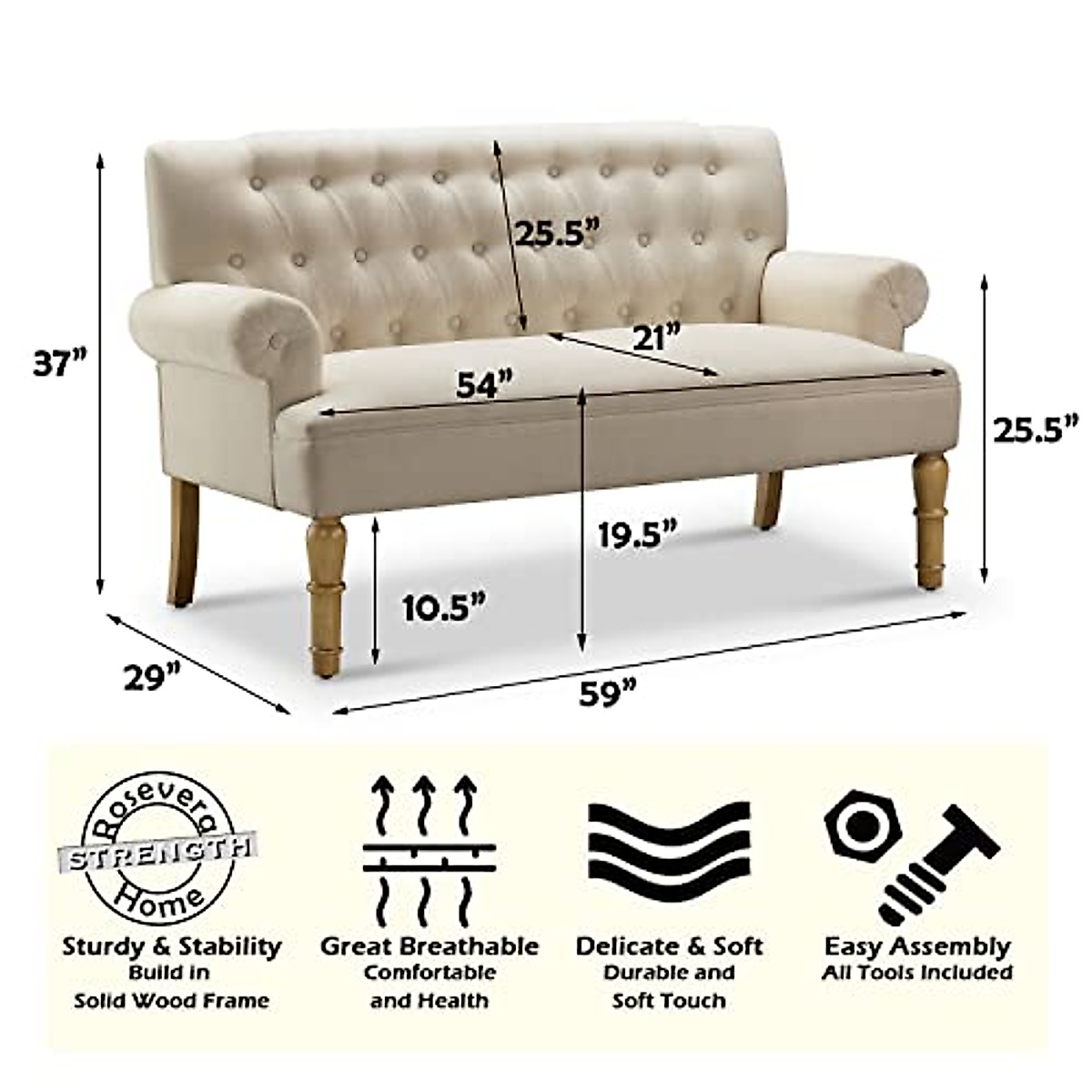 Rosevera Loveseat Sofas for Living Room Loveseat Couch for Living Room Couch in a Box Sofa para Sala Love Seats Furniture Sofa Long Couches for Living Room Settee Loveseat, Velvet, Velve Pearl Beige