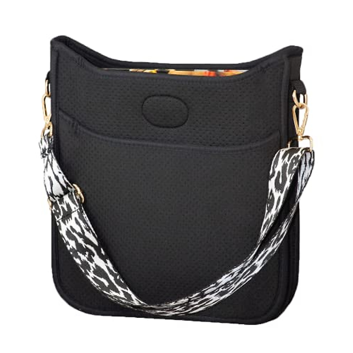 Pinafore Black Crossbody Neoprene Messenger Bag for Women - Multipurpose Fashion Handbag with Adjustable Shoulder Guitar Strap - Perfect Travel Purse for Women - Durable and Machine Washable