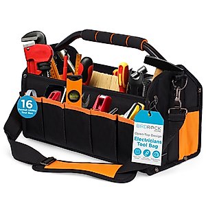 INTERNET'S BEST Open Top Electricians Tool Bag - Custom Electrician Organizer, Tool Carrier - 16 Pocket Utility Tool Box - Portable Shoulder Tote for Tech, Plumbers, Painters, Construction - 17 Inch