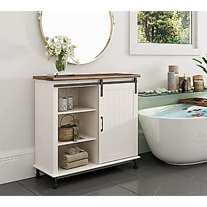WAMPAT Storage Cabinet with Sliding Barn Door,Decorative Farmhouse Buffet Cabinet Coffee Bar Cabinet Accent Cabinet Entryway Storage Table for Living Room,Bathroom and Kitchen,Metal Feet,35 Inch,White