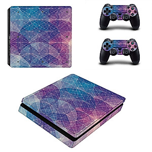 FOTTCZ Whole Body Vinyl Skin Sticker Decal Cover for PS4 Slim Console and 2PCS Controller Blue and Purple Geometric Grid and Circular