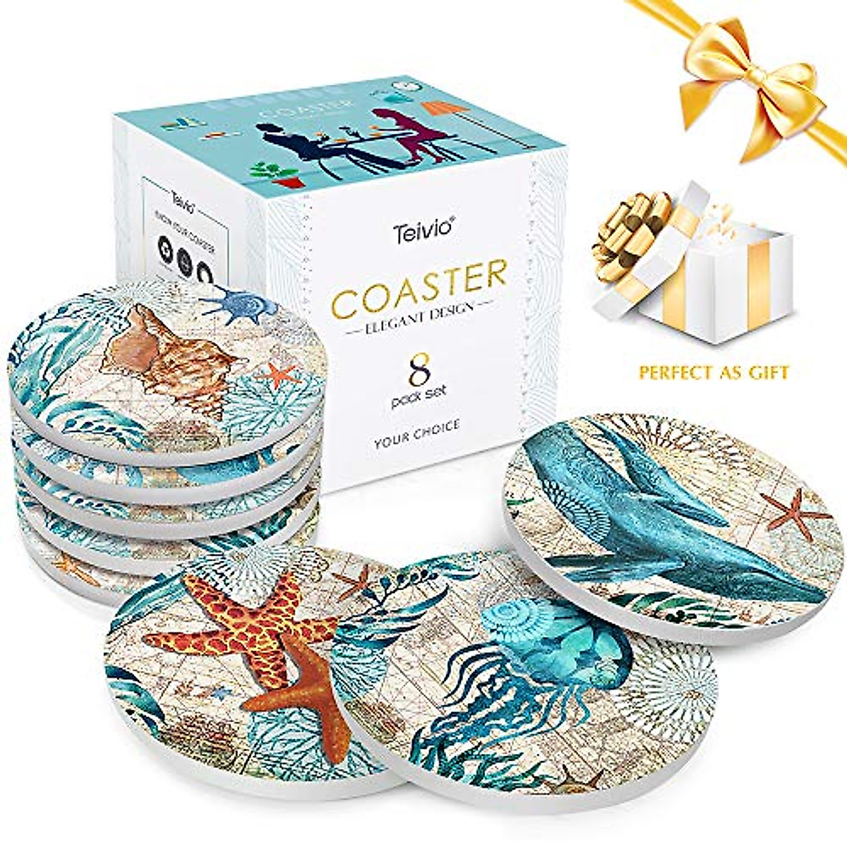 Teivio Absorbing Stone Sea Ocean Life Coasters for Drinks, Cork Base with Holder,Coastal Decor Beach Theme Tropical,for Housewarming Apartment Kitchen Bar Decor, For Wooden Table Coffee table,Set of 8