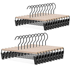 Nature Smile Deluxe Beech Wooden Pants Hangers Bottom Hanger Jeans Hanger Trousers Skirt Hanger with 2-Adjustable Black Matt Clips and Hook 20 Pack (Natural Wood+Black Metal)