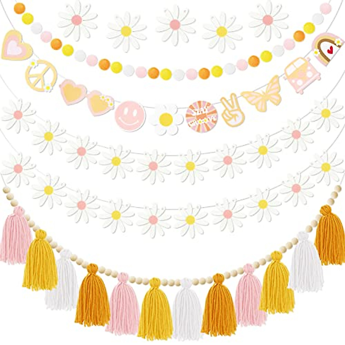 Groovy Party Decoration Garland 5Pcs, Groovy Hippie Banner Daisy Boho Tassel Garland Decor, Pre Strung Pom Pom Spring Party Supplies Hippie Party Decorations for Wall Window Home Room (Pink)