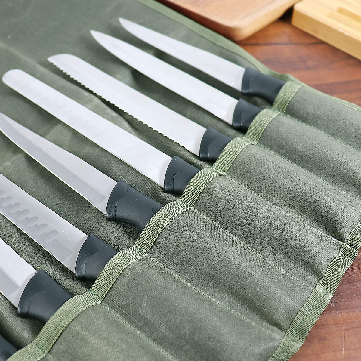 Waterproof Waxed Canvas Chef’s Knife Roll Bag With 11 Slots for Kitchen Knife Tools Up To 18.8”/Portable Chef Knife Cases(Army Green)