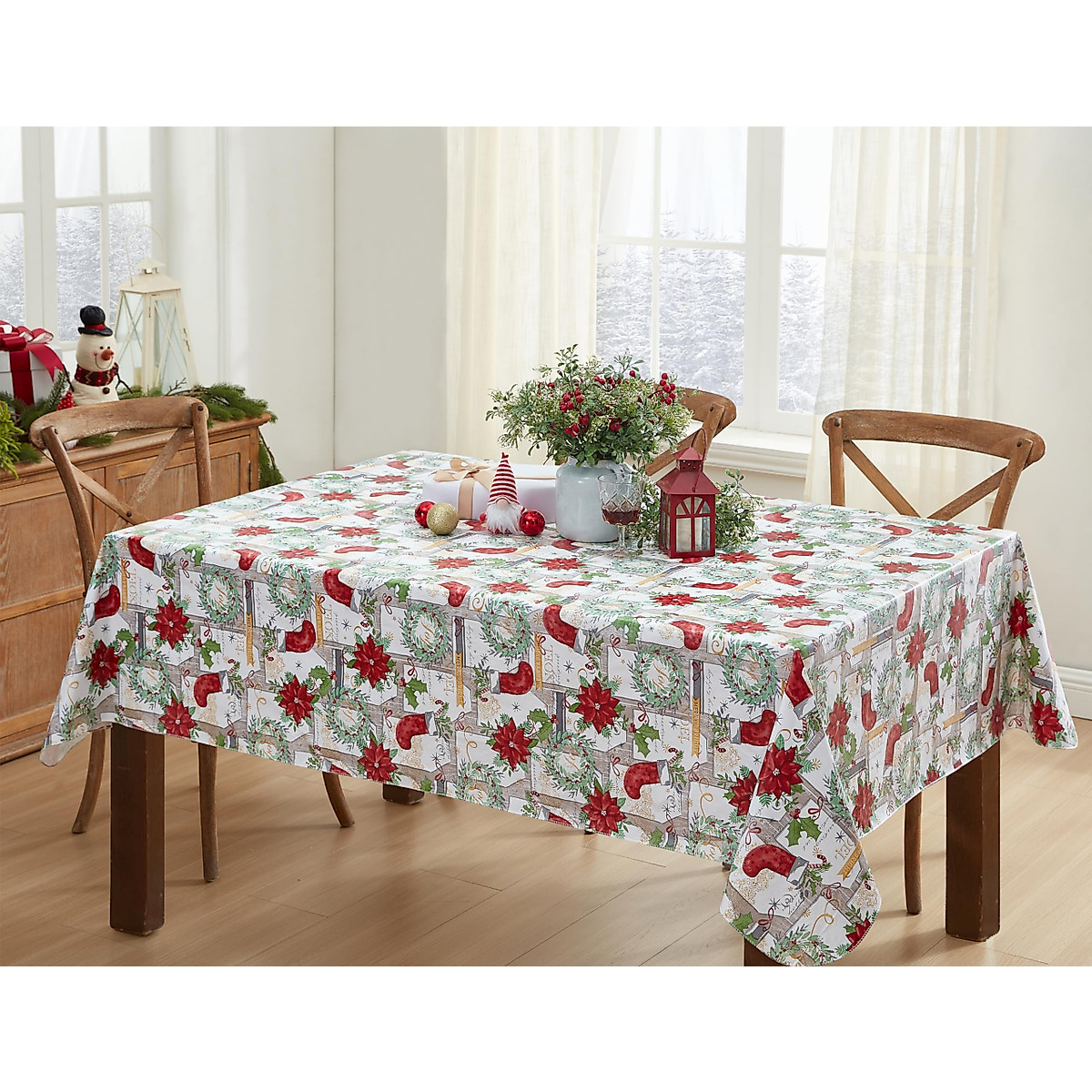 Newbridge Merry Christmas Stocking Holiday Vinyl Flannel Backed Tablecloth - Noel Christmas Wreath, Festive Seasons Greetings Print Wipe Clean Easy Care Xmas Tablecloth, 60” x 102” Oblong/Rectangle