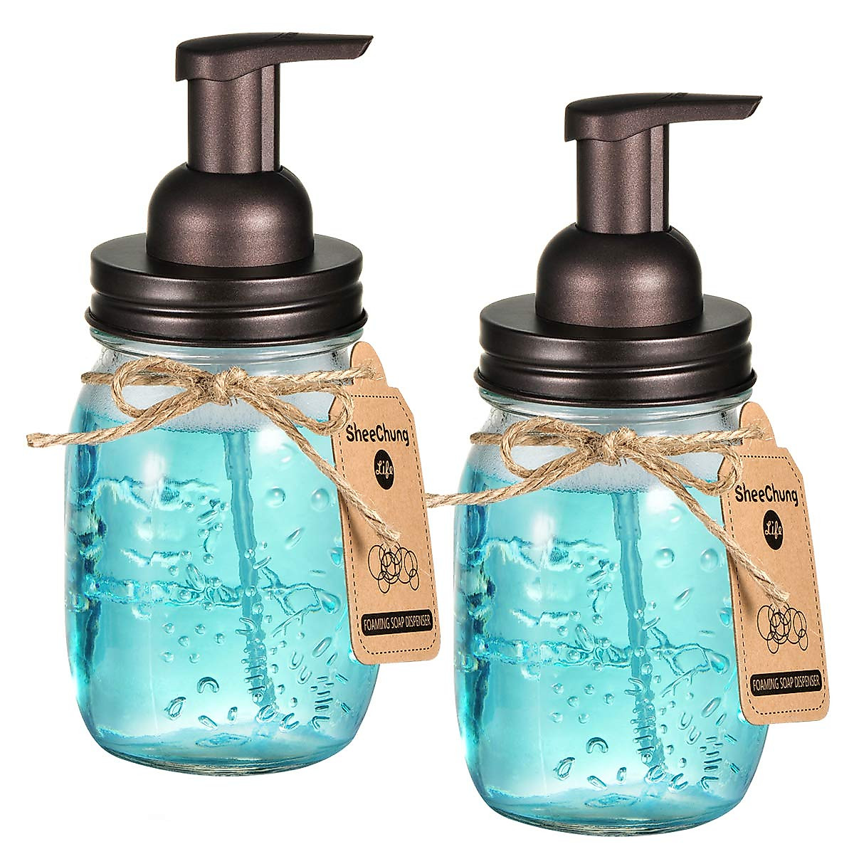 SheeChung 2 Pack Mason Jar Foaming Soap Dispenser Lids for Standard Mouth, Foaming Soap Dispenser Pump Replacement for Hand Sanitizer, Bath Liquid, Facial Cleansing Foam, Makeup Remover Water - Bronze