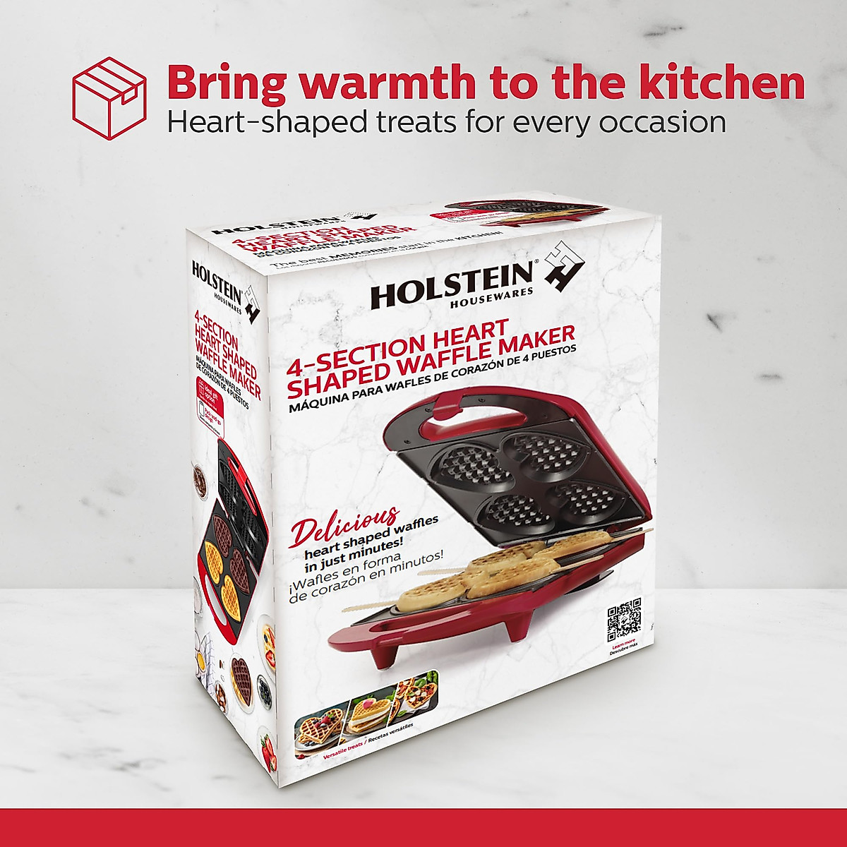 Holstein Housewares - Non-Stick Heart Waffle Maker, Red - Makes 4 Heart-Shaped Waffles in Minutes