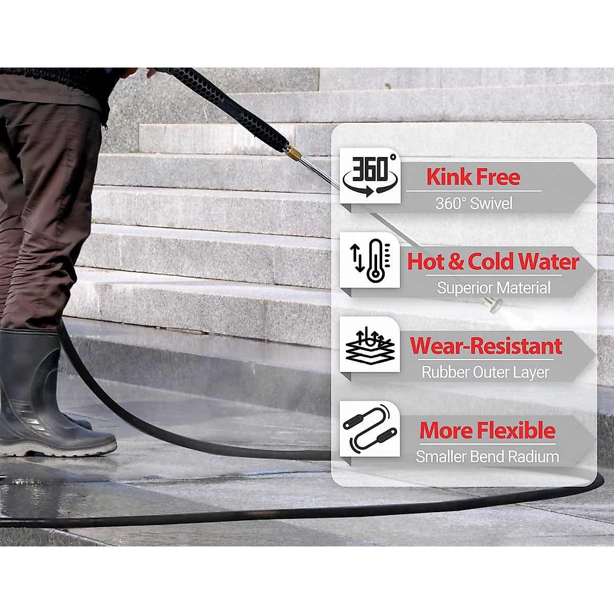 YAMATIC 3/8" Pressure Washer Hose 50FT Hot Water Power Washer Hose Max 212°F with Swivel Quick Connect, 4000 PSI Commercial Grade Steel Wire Braided & Synthetic Rubber Jacket, Kink Resistant