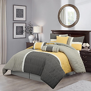 Grand Avenue Grey Yellow Comforter Set Queen Size, 7 Piece Quilting Soft Bedding Set, All Season, Matching Shams, Bedskirt, Decorative Pillows