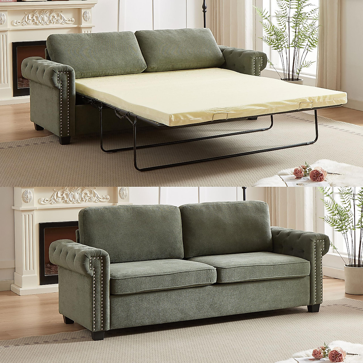 amervanito 83.8" Pull Out Couch, Full Size 2 in 1 Pull Out Sofa Bed, Convertible Couch Bed with Rolled Arms & Mattress, Sleeper Sofa Couch for Living Room, Apartment, Small Spaces (Green)