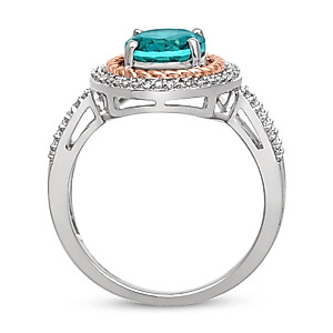 Jewelili Rose Gold Over Sterling Silver 9x7 MM Oval Cut Paraiba Topaz and Round Created White Sapphire Halo Engagement Ring, Size 7