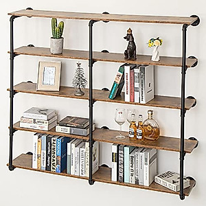MAIKAILUN 60 inch 5 Tier Industrial Pipe Shelving, Wall Mounted Pantry Farmhouse Kitchen Shelves Open Storage Bookshelf Bookcase Large Retail Display Wood Planks Rack(59 in x 9.8 in x 47 in)