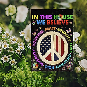 Swooflia In This House We Believe Garden Flag Small Yard Flag for Outside Decor Kindness Peace Equality Burlap Garden Banner 12x18 Inch Double Sided HYQ-223