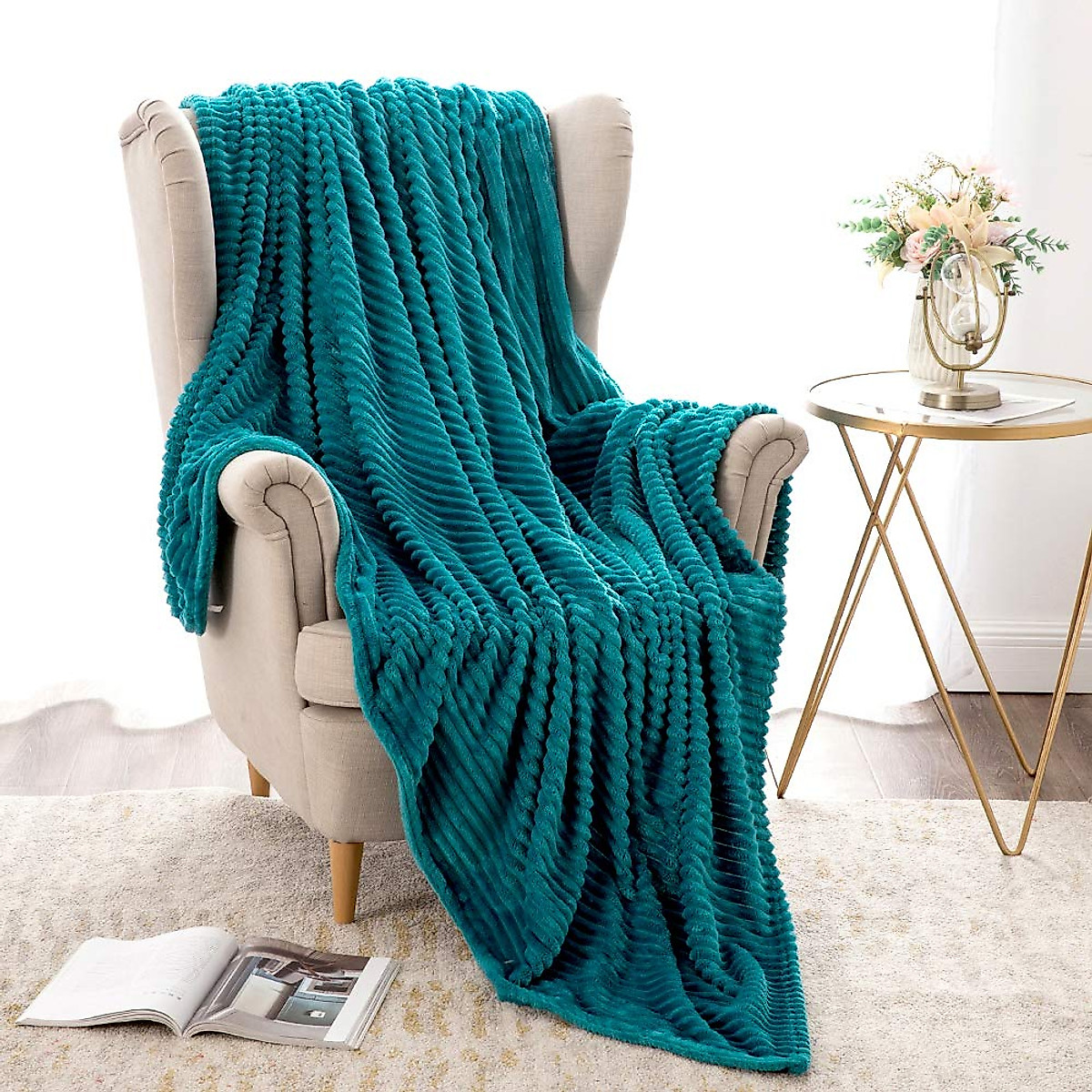 MIULEE Fleece Throw Blanket for Couch 300GSM Super Soft Lightweight Plush Striped Blanket, Teal Blue Warm Cozy Breathable Ribbed Blanket for Bed/Sofa, Throw Size 50"x60", Turquoise